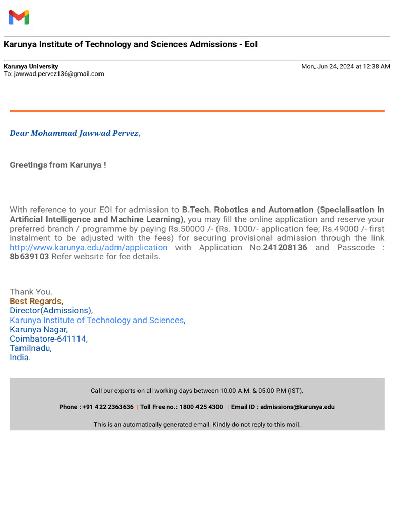 Gmail - Karunya Institute of Technology and Sciences Admissions - EoI | PDF