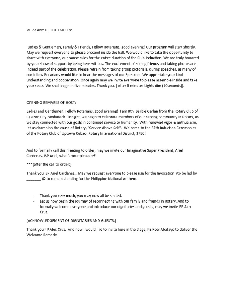 Script For A Rotary Club Induction | PDF | Clubs And Societies