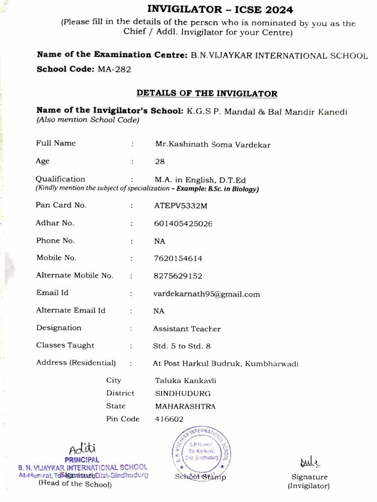 Ma 282 Icse 2024 Invigilator | PDF