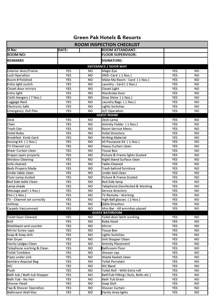 Supervisor Room Inspection Checklist | PDF | Shower | Bathroom