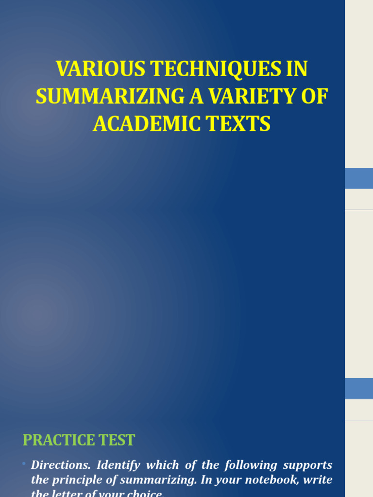 Q3-L8-Various Techniques in Summarizing A Variety of Academic | PDF | Travel