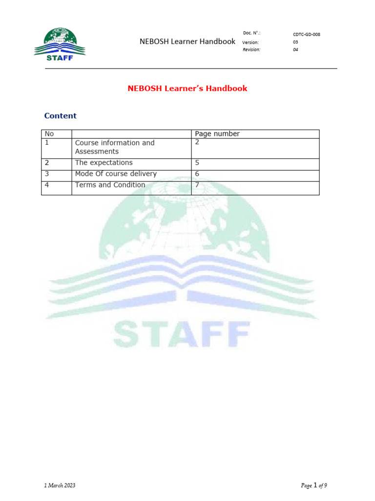 NEBOSH Learner Handbook STAFF | PDF | Occupational Safety And Health