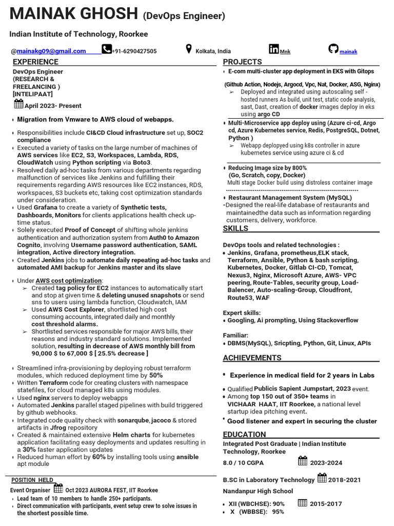 DevOps Engineer Resume - Mainak Ghosh | PDF | Amazon Web Services ...