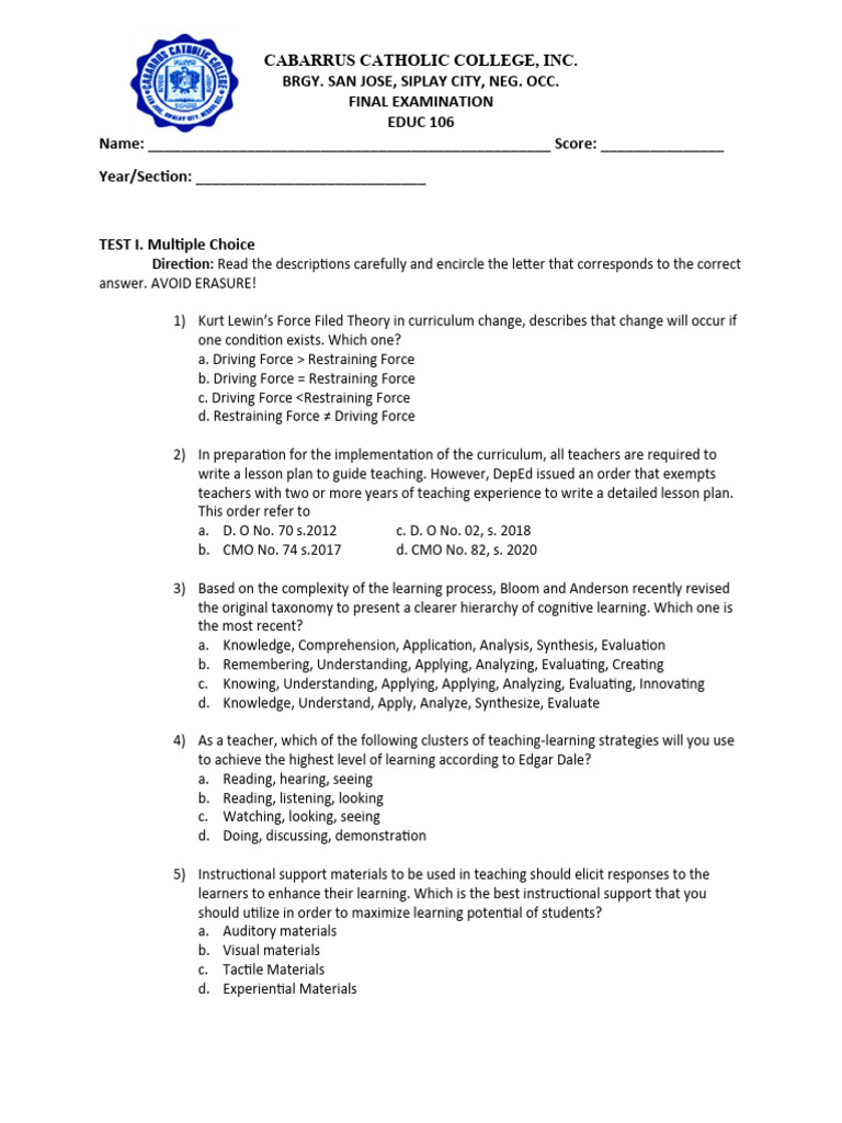 Educ 106 Final Exam | PDF | Vocational Education | Science