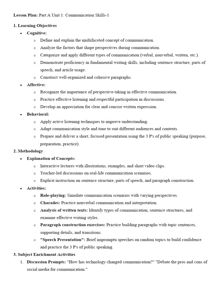 Class IX LP Part A Unit 1 Communication Skills-1 | PDF | Communication ...