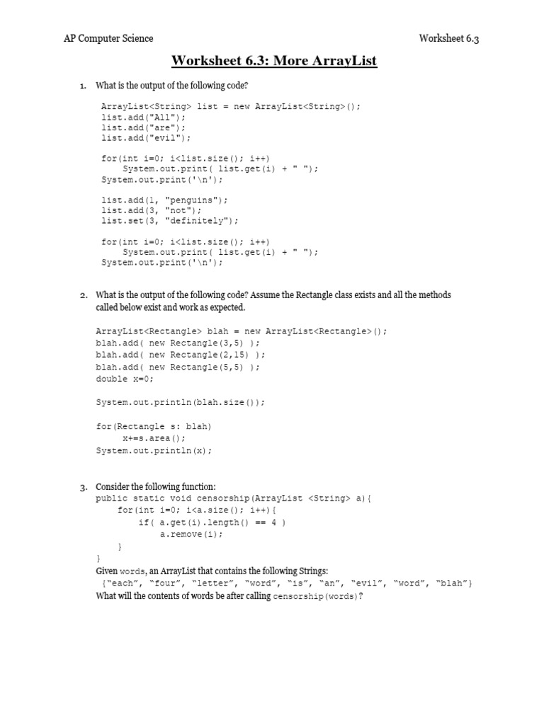 Worksheet 6.3 - More ArrayList | PDF | Computer Science | Software Development