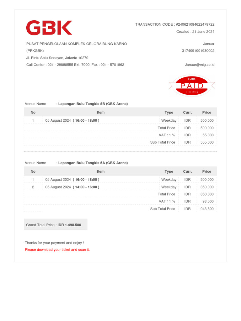 Invoice-GBK Arena | PDF