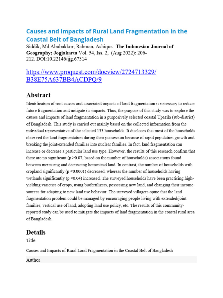 Causes and Impacts of Rural Land Fragmentation in The Coastal Belt of ...