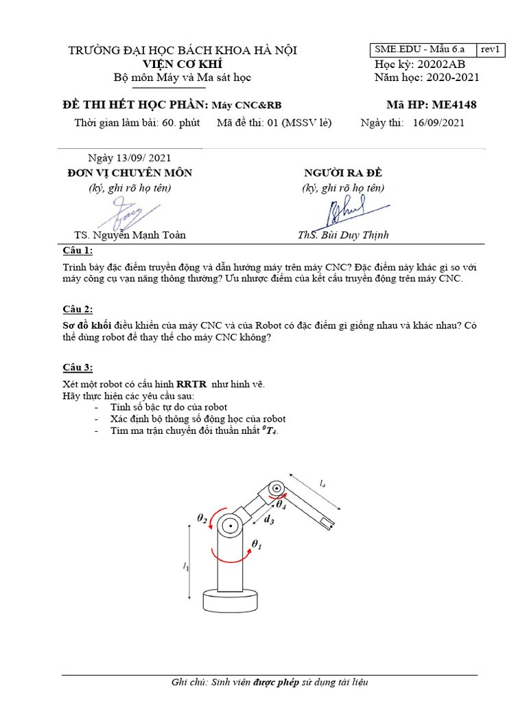 De Thi KTHP CNC Robot 20202 | PDF