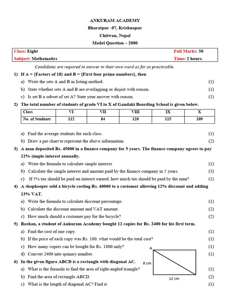 Grade 8 Model Question-2080 | PDF | Area | Rectangle