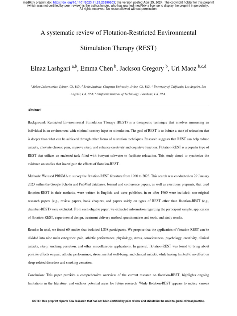 A Systematic Review of Flotation-Restricted Environmental Stimulation ...