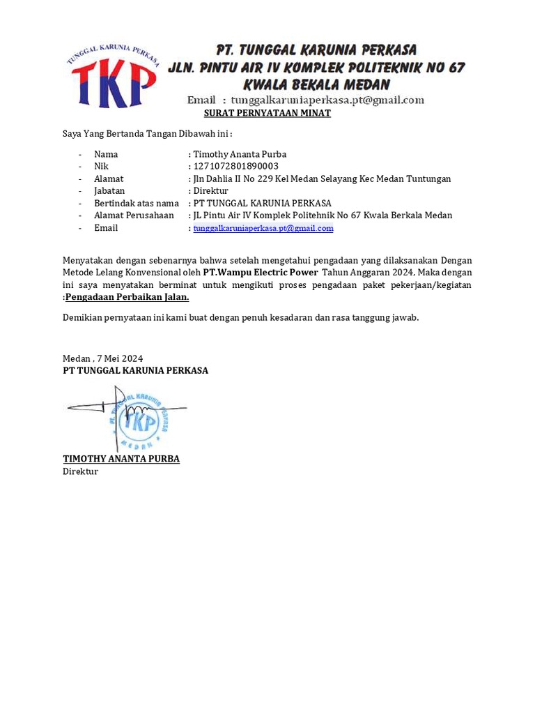 Surat Pernyataan Minat Dan Pakta Integritas TKP | PDF