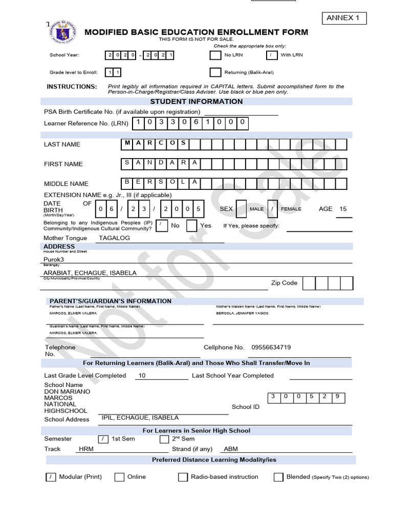 Annex 2 MODIFIED BEEF Final Basic Education Enrolment Form | PDF