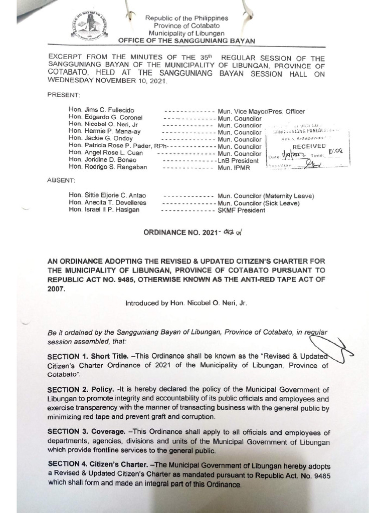 Ordinance and Resolution of Citizen's Charter of LGU Libungan and BPLO ...