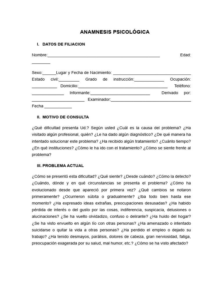 Anamnesis Psicológica | PDF | Especialidades Medicas | Enfermedades y ...