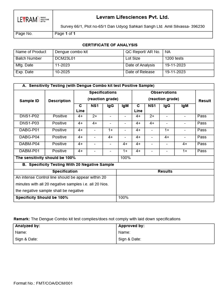 Dengue Combo Kit COA | PDF | Clinical Medicine | Medical Specialties
