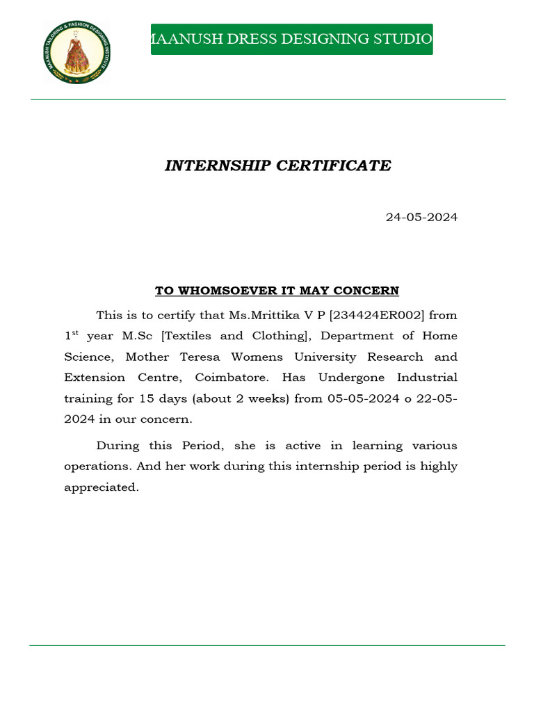 Maanush Dress Studio Internship Certificate | PDF