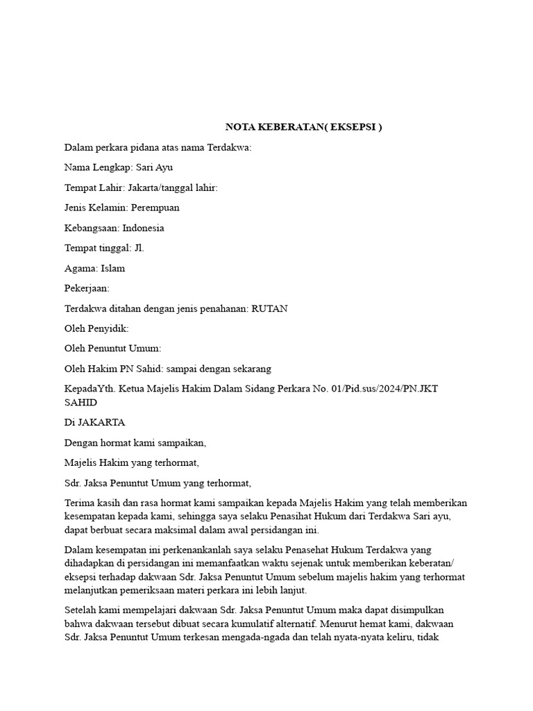 Eksepsi (Nota Keberatan) | PDF | Hukum