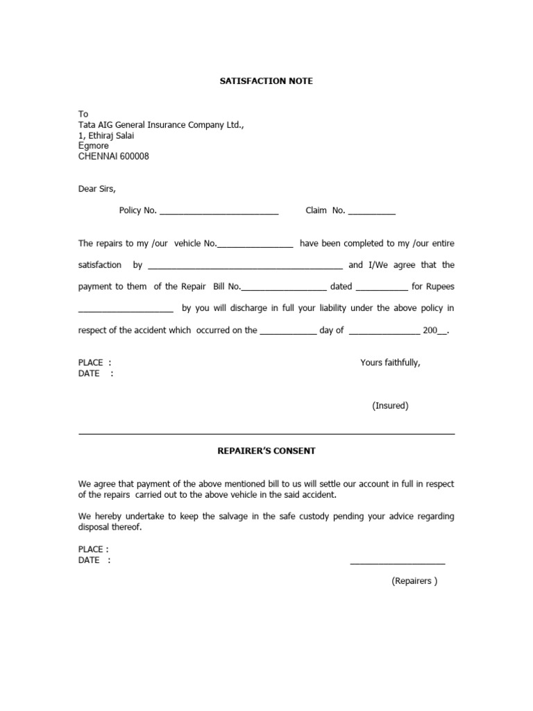 Insurance Claim Satisfaction Note | PDF