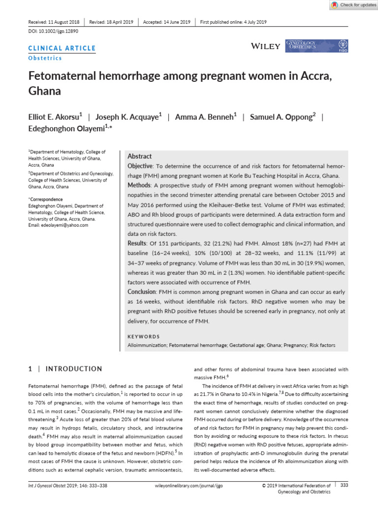 Fetomaternal Haemorrhage In Kbu Ghana Pdf Pregnancy Human Pregnancy