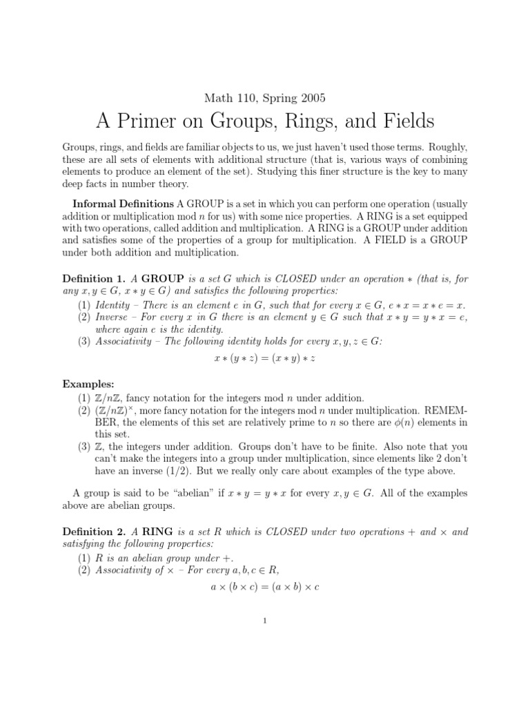 A Primer On Groups, Rings, and Fields: Math 110, Spring 2005 | PDF | Group (Mathematics) | Ring ...
