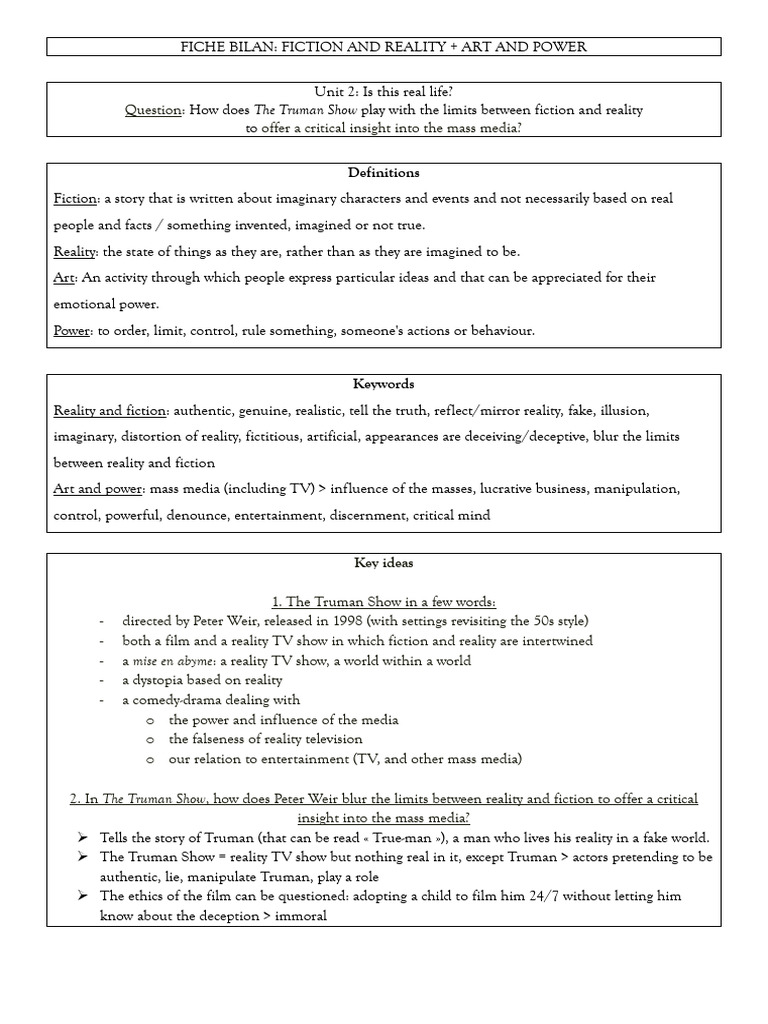 Fiche Bilan Fiction and Reality + Art and Power | PDF | Reality ...