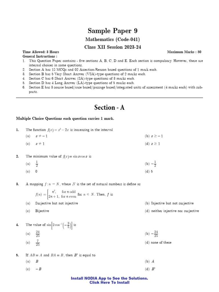 MA Sample Paper 9 Unsolved | PDF | Algebra | Functions And Mappings