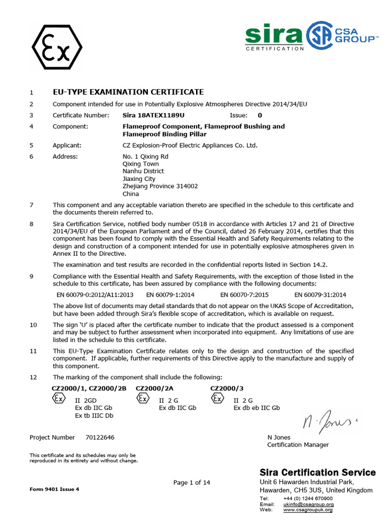 CZ2000 Sira 18 ATEX1189 U Iss 0 | PDF | Insulator (Electricity ...