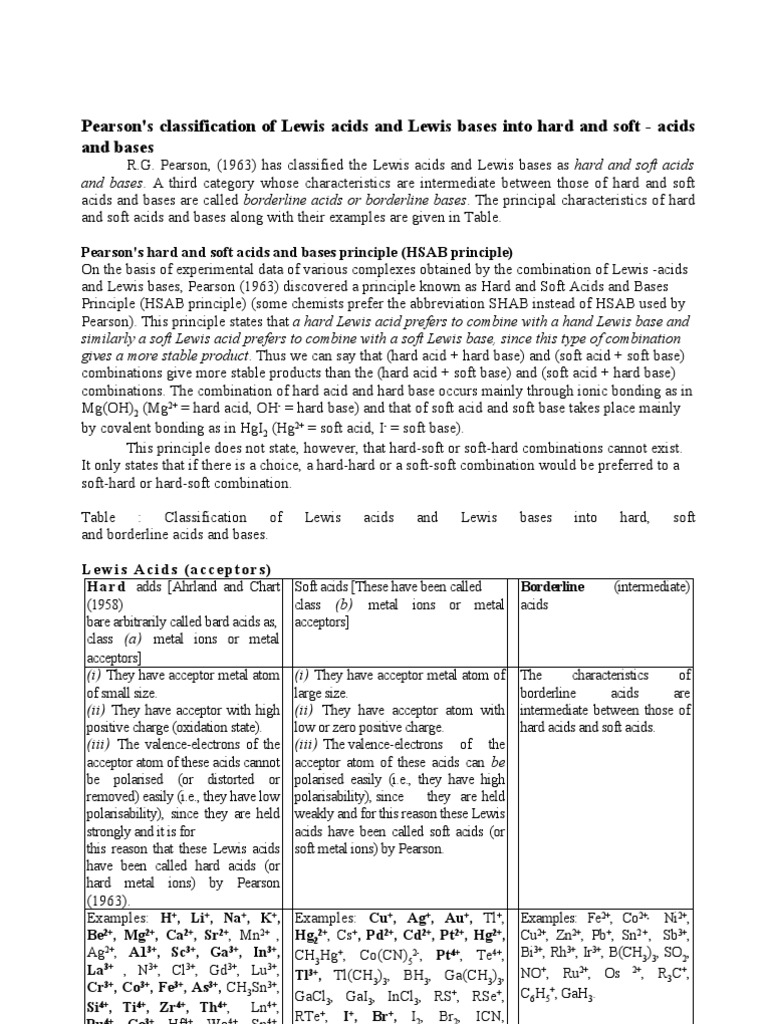 Pearson's Classification of Lewis Acids and Lewis Bases Into Hard and ...