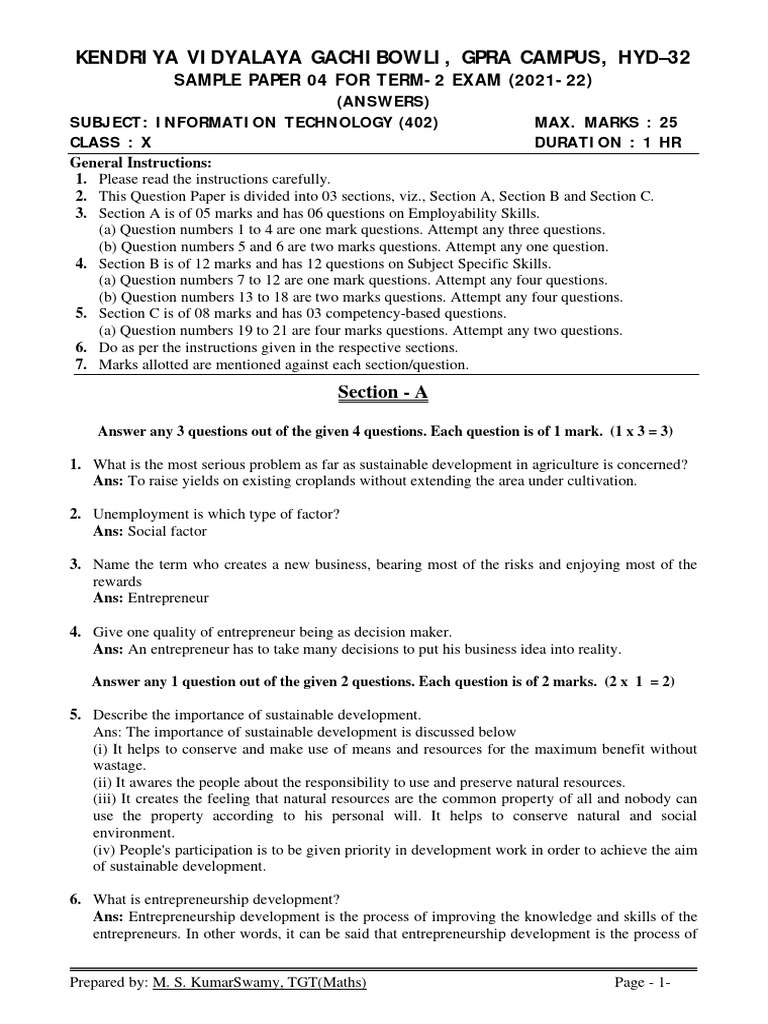 Information Technology 402 Class X Term 2 Sample Paper 04 Answers | PDF ...