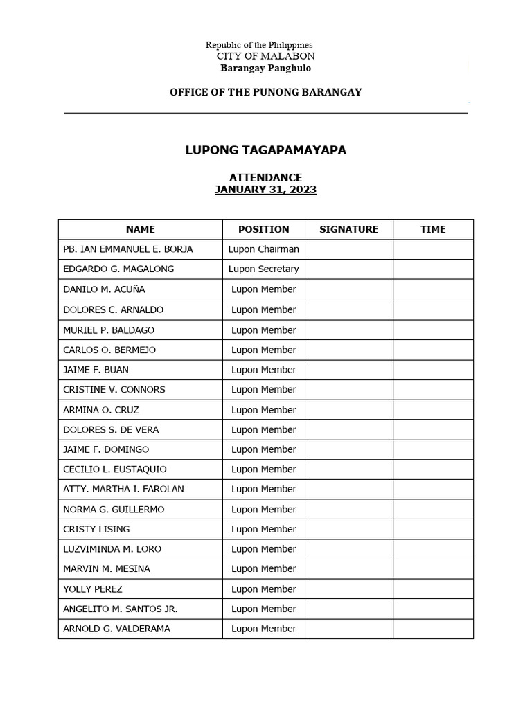 Lupon Attendance | PDF | Philippines
