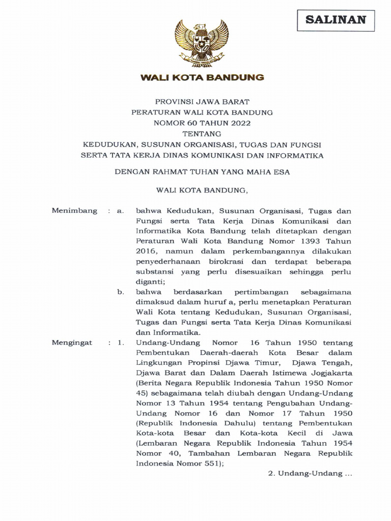 Salinan Perwal No. 60 TH 2022 Sotk Diskominfo | PDF
