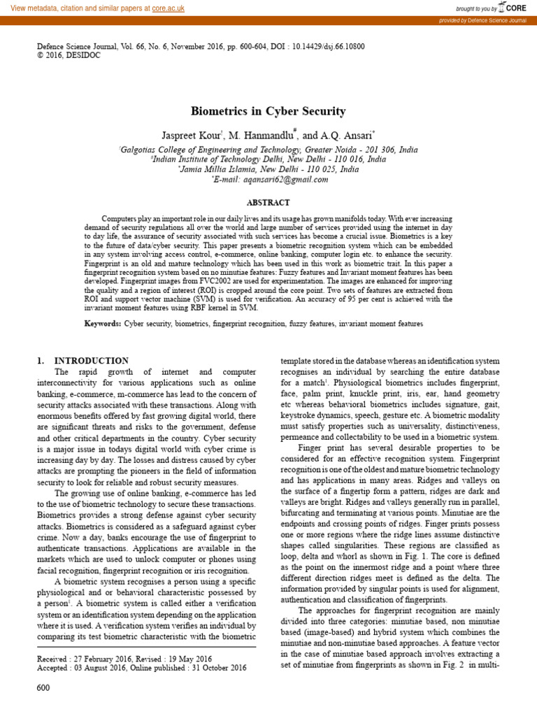 Biometrics In Cyber Security Pdf Biometrics Fingerprint