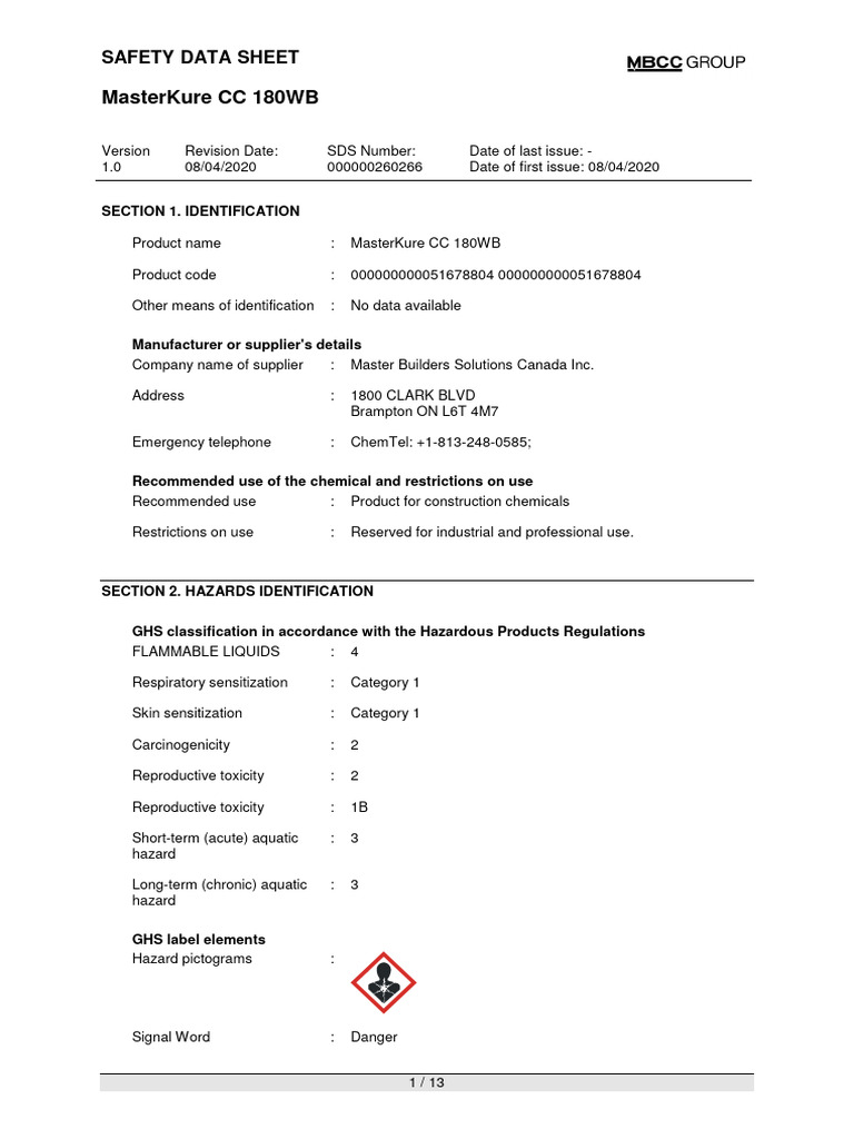 MasterKure CC 180WB Safety Data Sheet | PDF | Occupational Safety And Health | Safety