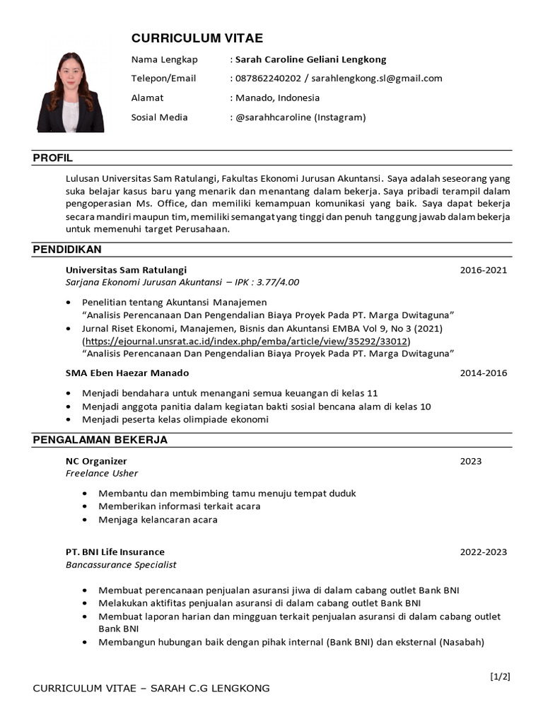 CV Sarah Caroline Lengkong | PDF | Karier & Perkembangan | Seni
