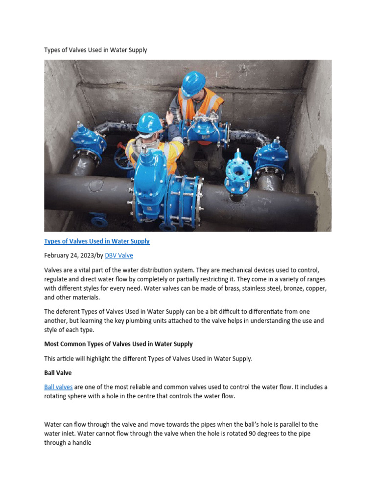Types of Valves Used in Water Supply | PDF | Valve | Tap (Valve)