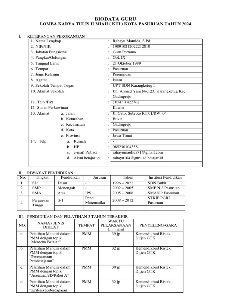 Biodata Peserta Guru Kti 2024 - SD | PDF