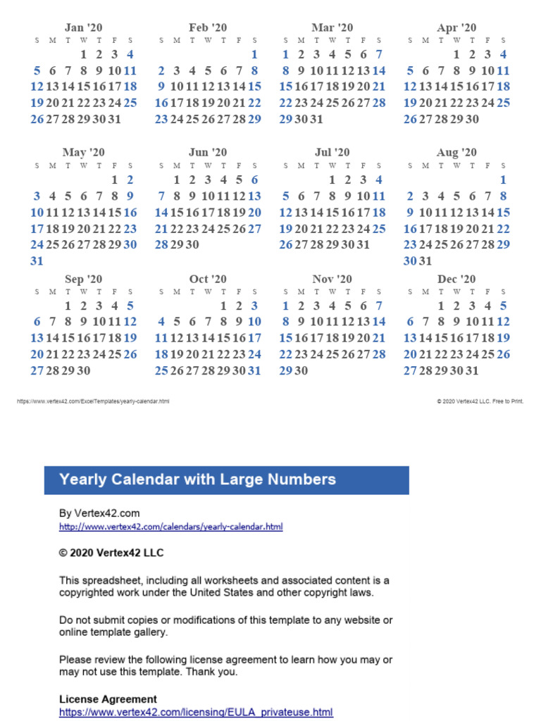 Yearly Calendar Large Numbers | PDF | Copyright Law