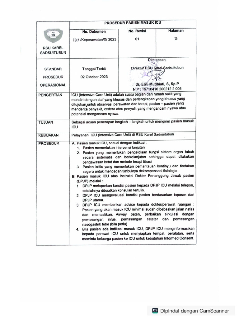 SPO Prosedur Pasien Masuk ICU | PDF