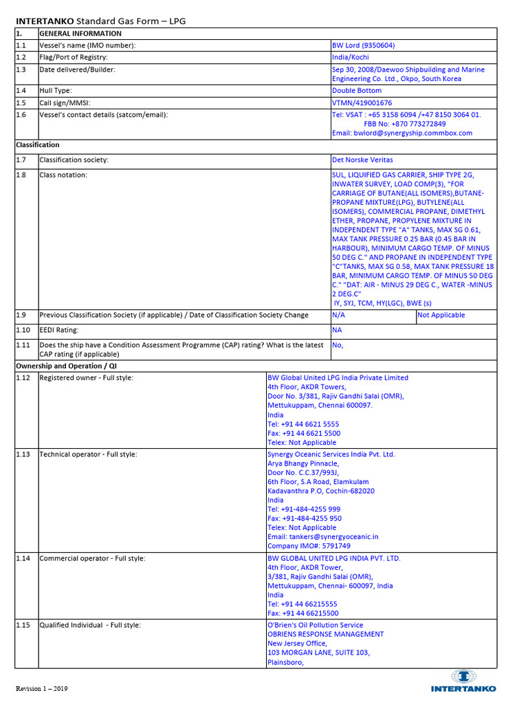 BW Lord - Gas Form C LPG - 19jan2022 | PDF | Tonnage | Marine Propulsion