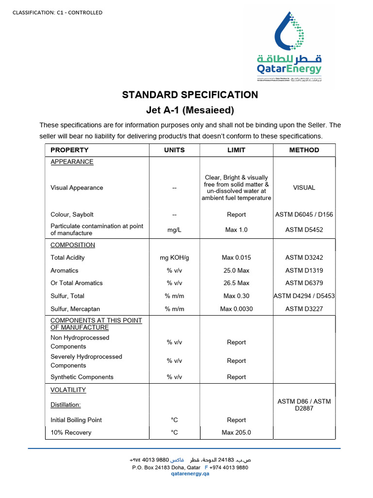 Jet A-1 (Mesaieed) specs | PDF | Jet Fuel | Materials
