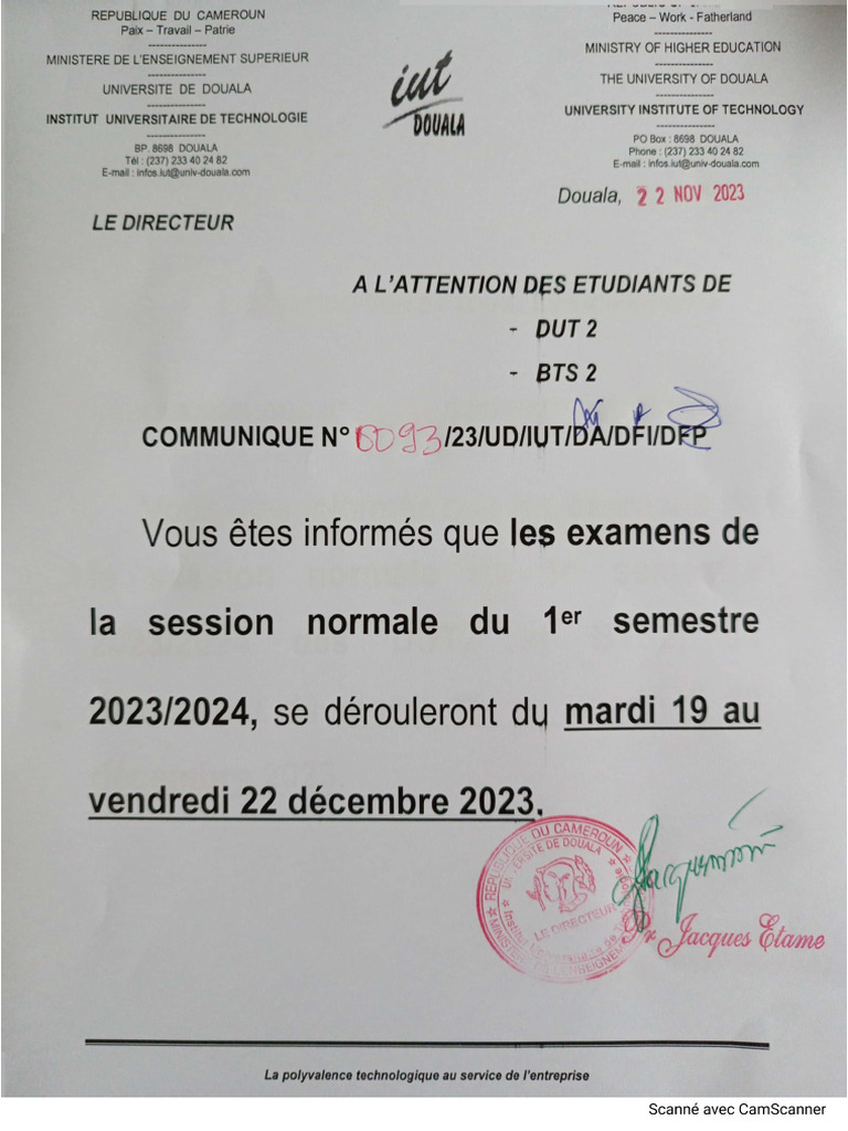 EXAMENS DUT2 Et BTS2. Session Normale Sem1, 2023 2024 | PDF