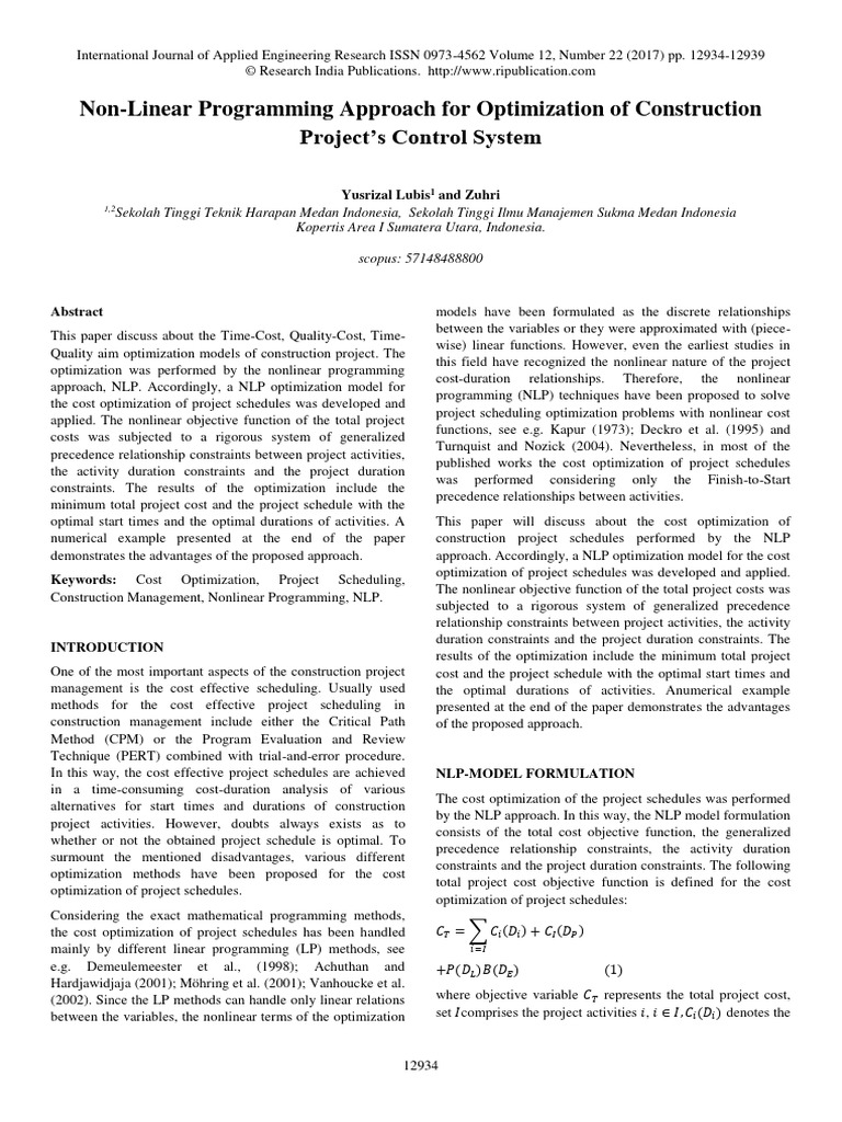 Non Linear Programming Approach For Optimization of Construction ... Non Linear Programming Approach For Optimization of Construction ...