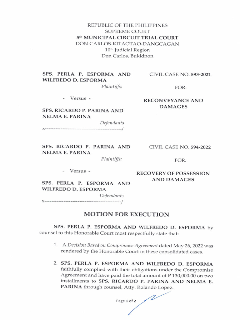 Motion for Execution | PDF