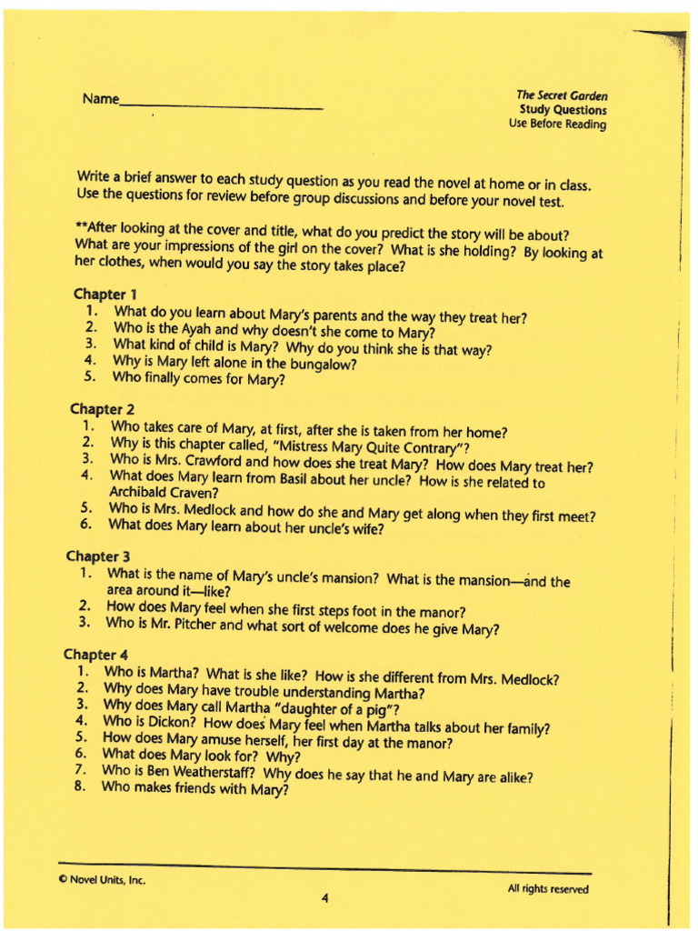Secret Garden Guided Questions Complete Packet | PDF