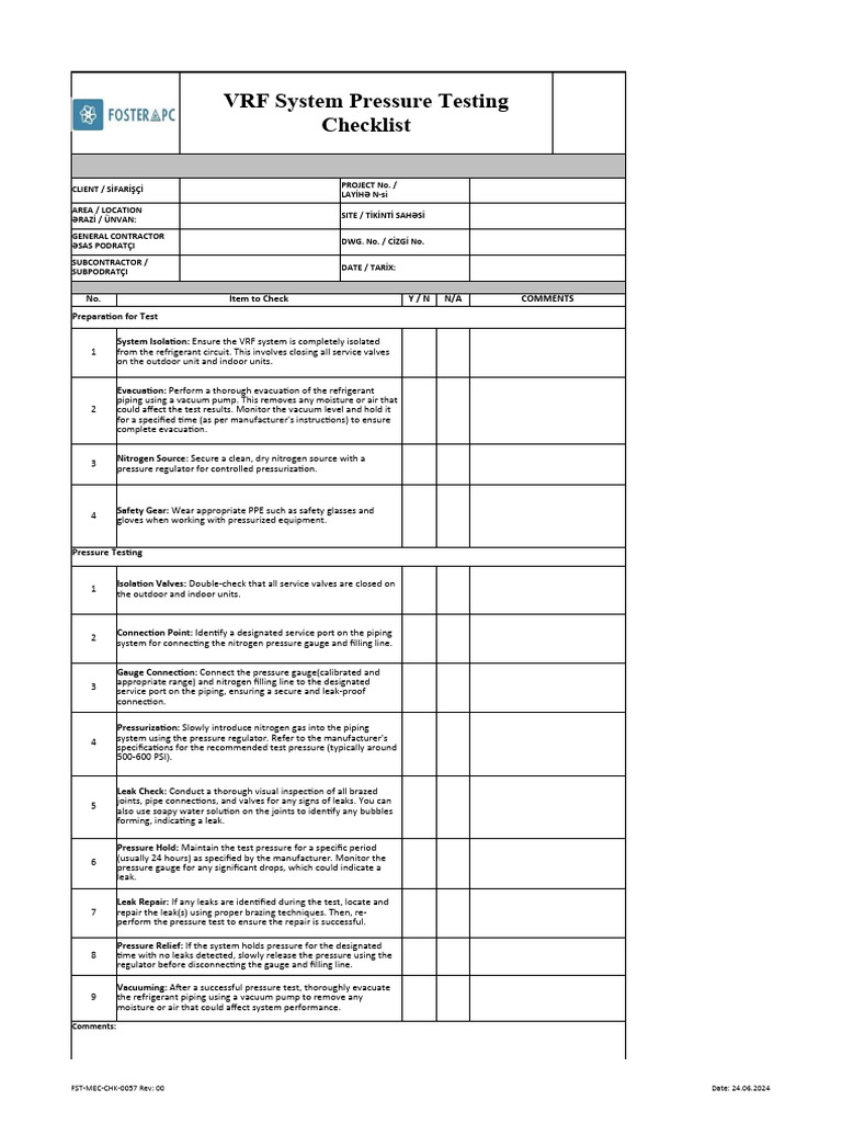 VRF System Pressure Testing Checklist | PDF | Leak | Pressure Measurement