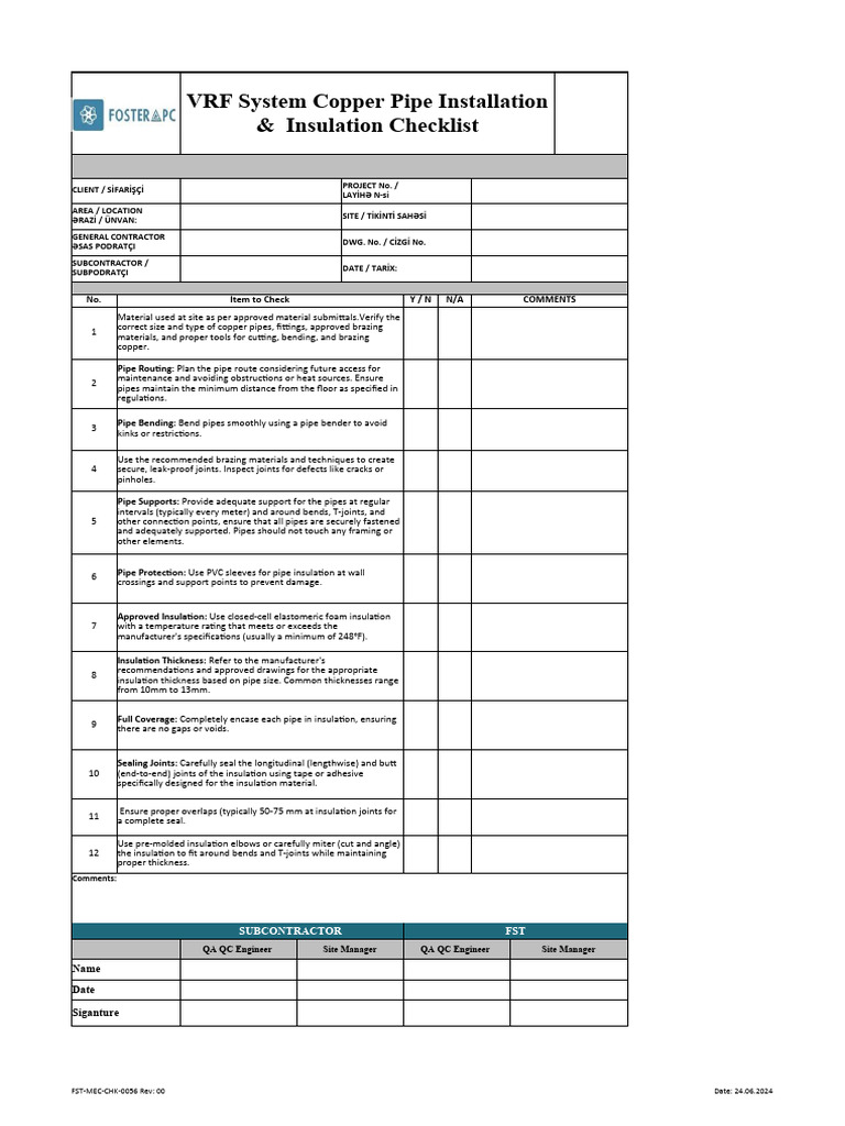VRF Copper Pipe Installation Checklist | PDF | Pipe (Fluid Conveyance ...