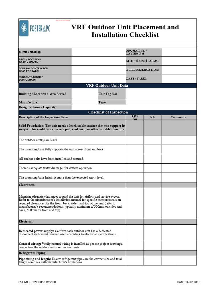 VRF Outdoor Unit Placement and Installation Checklist | PDF | Pipe ...