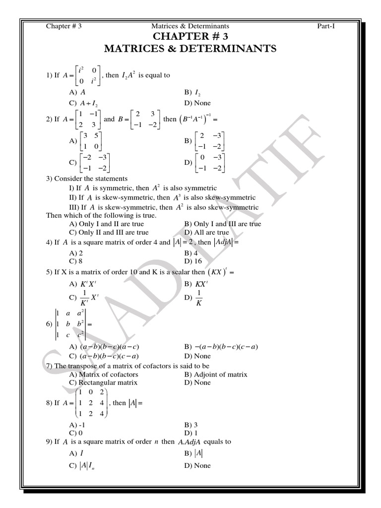 Matrices and Determinants Quiz | PDF | Matrix (Mathematics) | Determinant