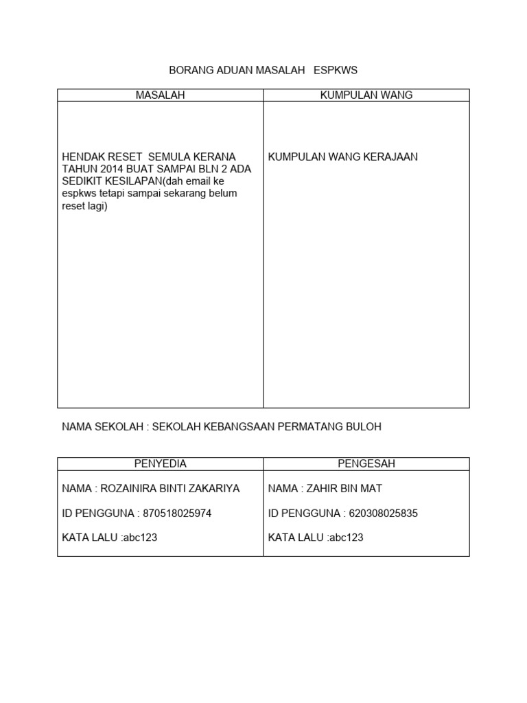 Borang Aduan Masalah Espkws | PDF